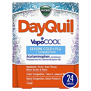 Vicks DayQuil VapoCOOL SEVERE Cold & Flu + Congestion Medicine, Non-Drowsy Max Strength 9-Symptom Relief for Fever, Sore Throat, Chest Congestion, Stuffy Nose, Nasal Congestion, Cough, 24 Caplets