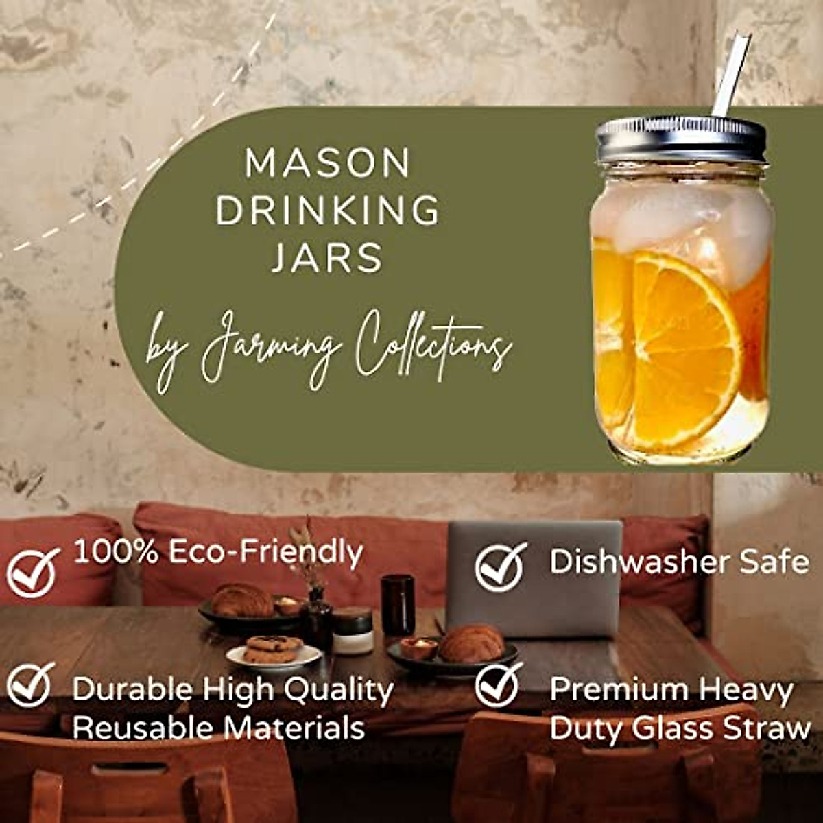 Jarming Collections- Reusable Smoothie, Iced Coffee Glass Jars with 16oz Mason Cups, Lids, Glass Straws, Bubble Tea Accessories, Environment Conscious, Pack of 4