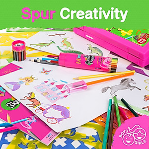 Mimtom Drawing Stencil Kit for Kids, 60 PC Art Set with 370+ Shapes, Sketch Pad, and Colored Pencils for DIY Arts and Crafts for Boys and Girls, Draw with Letter, Animal and Car Stencils, Pink