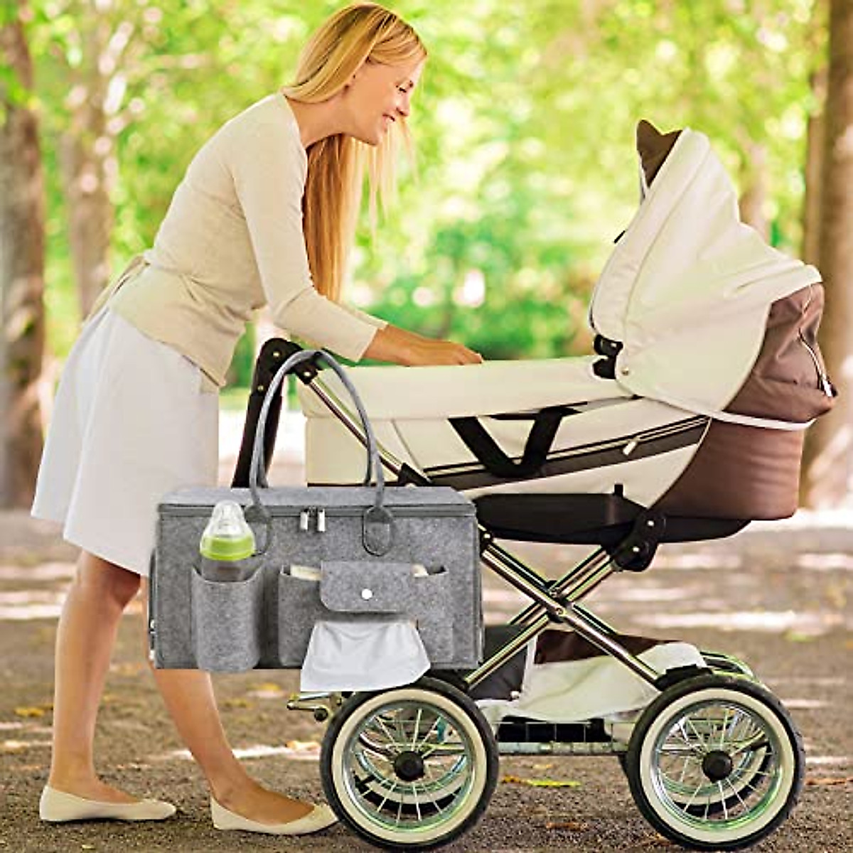 DIMJ Large Capacity Baby Diaper Caddy Organizer with Lid, Shoulder Nursery Storage Bin for Changing Table and Car, Portable Large Baby Shower Basket for Diaper, Toys, Bottles, Wipes, Books