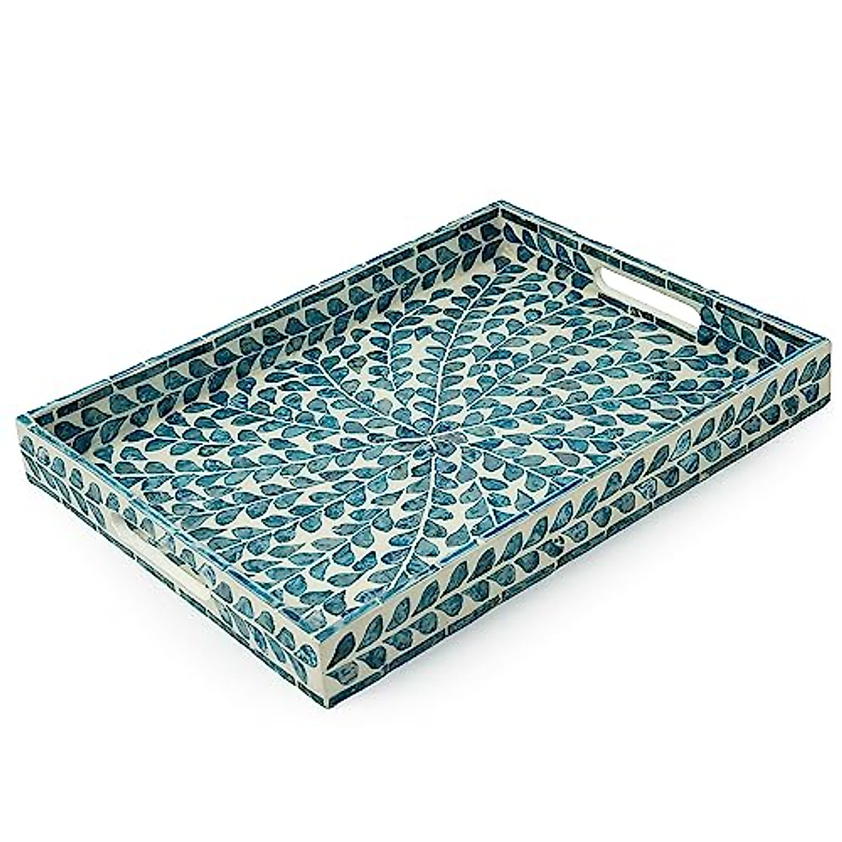 CLAYNIX Serving Tray 15.7" X11.8", Lacquer Mother of Pearl Inlay Mosaic Tray, Rectangle Wooden Marble Tray with Handles Trays for Tea, Breakfast in Bed, Table (Blue)