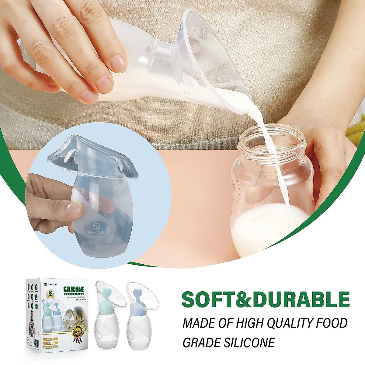 Amplim Gen 2 Manual Breast Pump/Collector for Breastfeeding with Stopper (2-Pack 4 oz/100ml) Food Grade Silicone BPA PVC and Phthalate Free (Blue + Green)