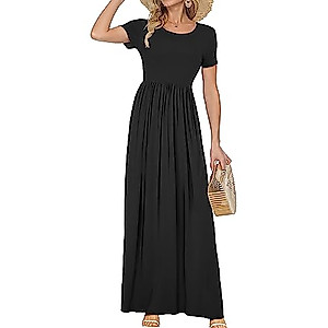 AUSELILY Women's Solid Plain Short Sleeve Round Neck Maxi Casual Long Dresses Black Large