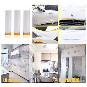 Painters Plastic With Tape, Pre-Taped Masking Film, 4 Rolls Automotive Best Tape and Drape, Paint Adhesive Protective Film Roll for Covering Skirting, Frames, Cars and Auto Body (5 X 65-Feet)