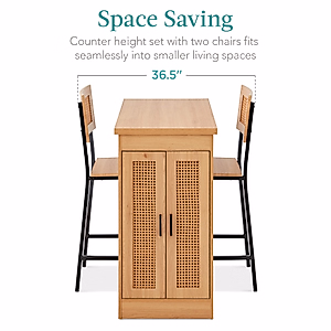 Best Choice Products 3-Piece Rattan Dining Set, Counter Height Boho Dining Table for Kitchen for 2, Dining Room w/Adjustable Storage Shelves, Cabinet Doors, Metal Frames