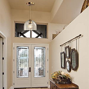 Lighten Chance Modern Pendant Light Kitchen Island, Bell Lamp Shape Hanging Ceiling Lighting Fixture with Clear Striped Glass Lampshade Dining Room, Warm Brass Finish