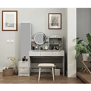 63" Makeup Vanity Desk with 3-Color Adjustable Touch Light,Wooden Mass Storage Vanity Mirror with 5 Drawers for Women Girls White