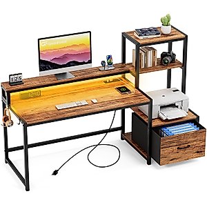 GreenForest Office Desk with Power Outlets and Printer Shelf, 68.8 inch Computer Desk with LED and Drawer, Reversible Gaming Desk with Storage for Home Study Working,Walnut