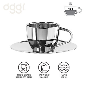 Oggi Insulated Espresso Cup 4oz - Saucer Included - Dual Wall Stainless Steel Technology Coffee Cup with Elegant Mirror Finish