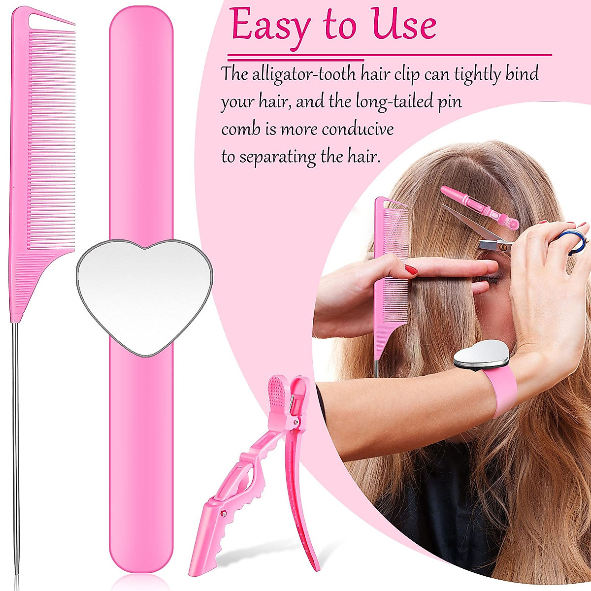 22 Pieces Magnetic Wrist Sewing Pincushion with Hair Braiding Tools - Stainless Steel Pintail Rat Tail Comb, Wide Teeth Alligator Sectioning Clip, Hair Parting Ring Tool, and Pin Wristband (Pink)