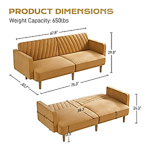 DAMAIFROM Velvet Futon Sofa Bed Set of 2, Mid Century Modern Loveseat Sofa, Convertible Sleeper Sofa Couch with Split Backrest, 75" Futon Couch for Living Room Small Spaces (Ginger