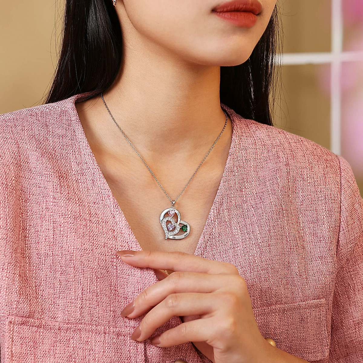 Mom Necklace,Personalized Mothers Day Necklace with Kids Names, Heart Birthstone for Women Custom Mother Name Mother's Birthday Gifts Wife Grandma (3 names)