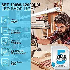 Compact 8FT LED Shop Light, Diamond PMMA Cover Wrap-Arround Lights Fixture with 5FT Switch Power Cord, 100W[Eqv. to 400W HPS/WH] Surface/Suspend Mount, Energy-Saving up to 3650W/5Y(5hrs/Day) 8Pack