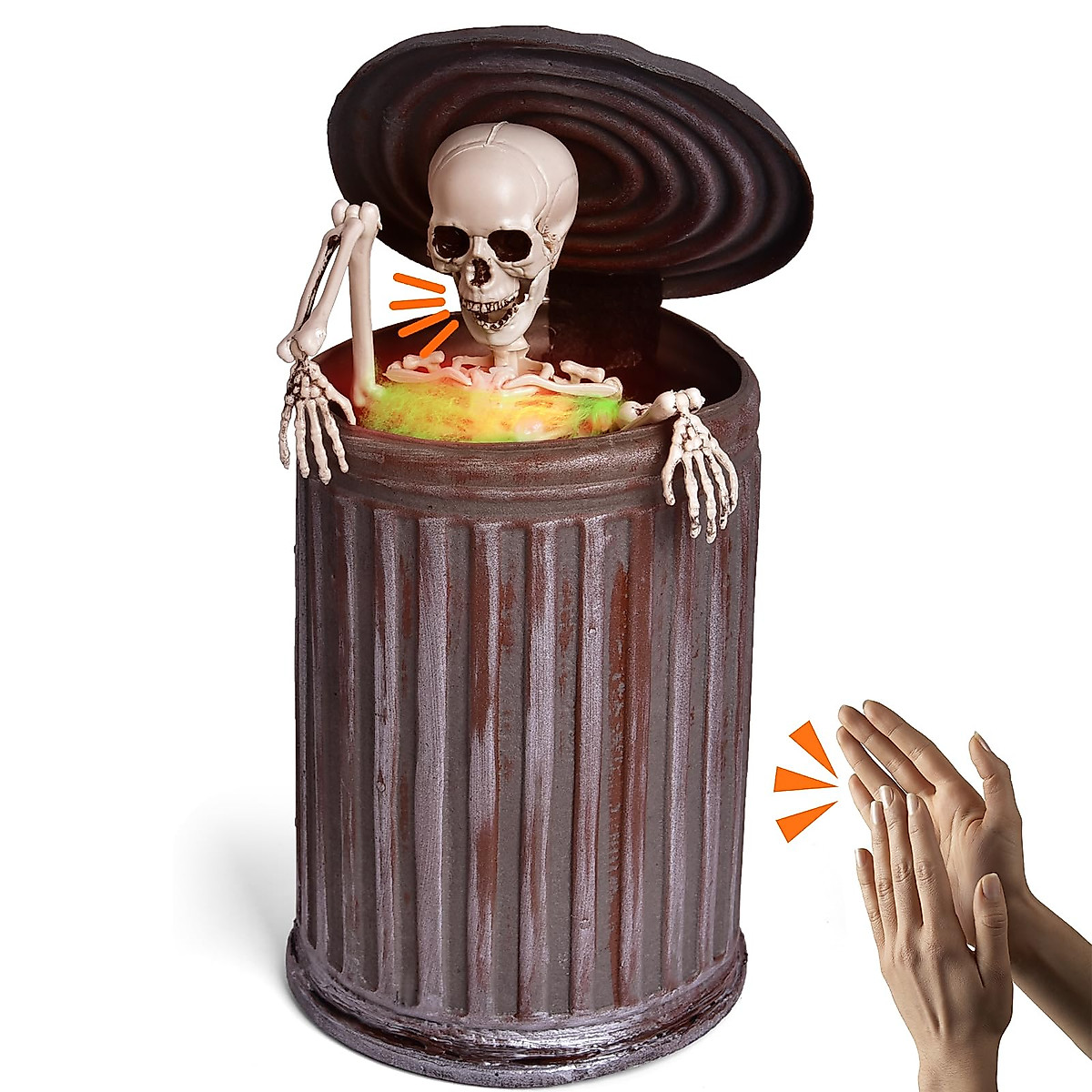 Presence 12" Halloween Animated Trashcan Skeleton, Spirit Activated Animatronic Halloween Decorations with Scary Sounds and Movable Posable Joints, Indoor Haunted House Party Home Props Decor