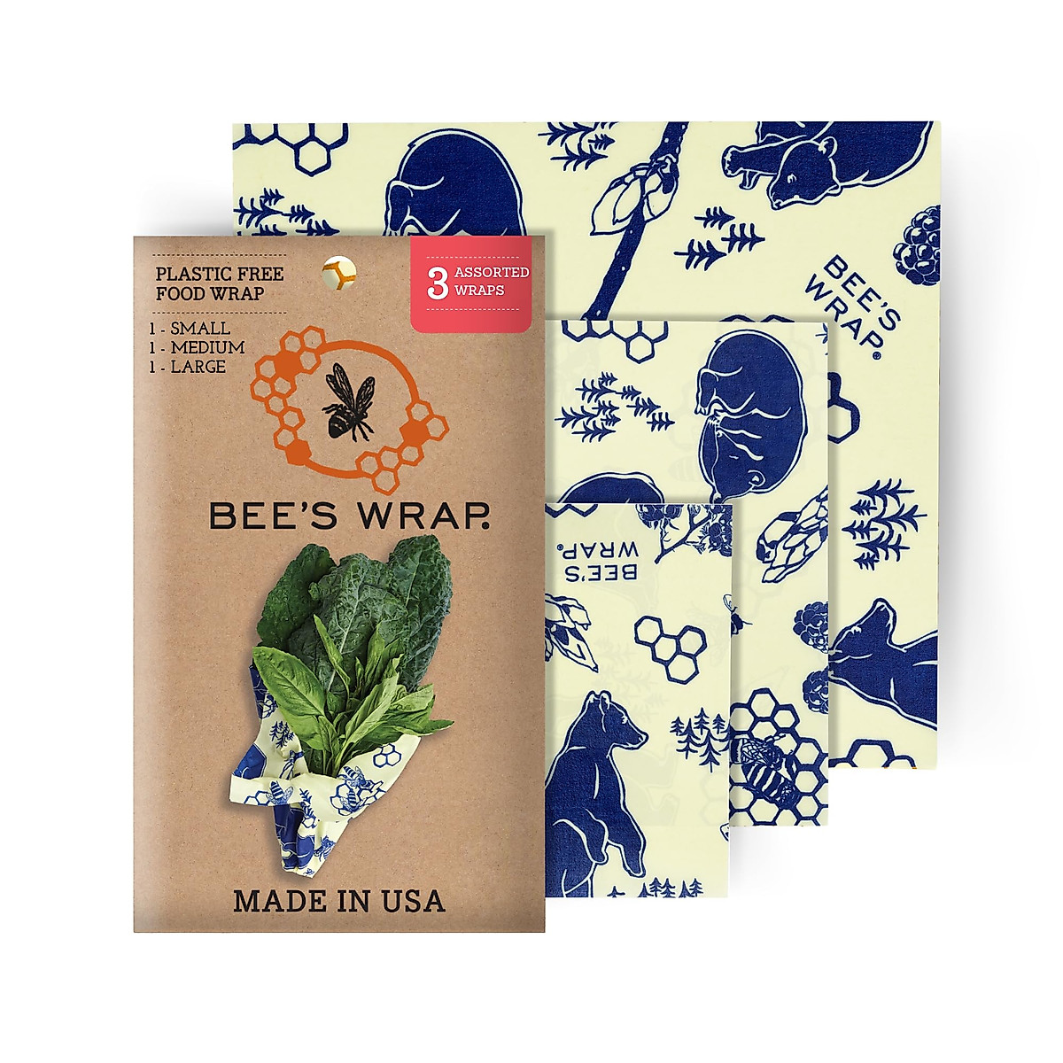Bee's Wrap Reusable Beeswax Food Wraps Made in the USA, Eco Friendly Beeswax Wraps for Food, Sustainable Organic Cotton Wraps, Assorted 3 Pack (S, M, L), Bees + Bears