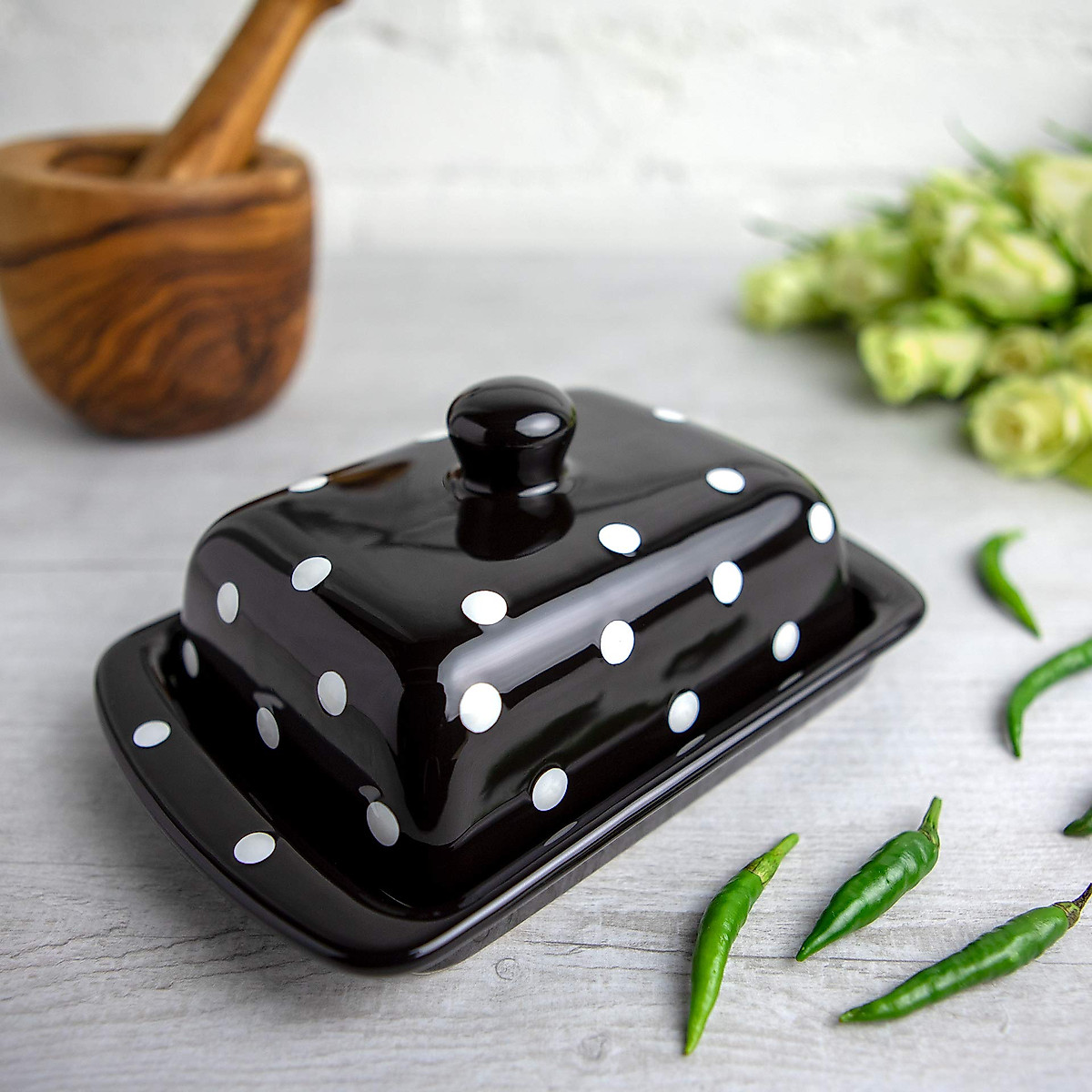 Handmade Ceramic European Covered Butter Dish With Lid | Unique Black and White Polka Dot Pottery Butter Keeper | Housewarming Gift by City to Cottage