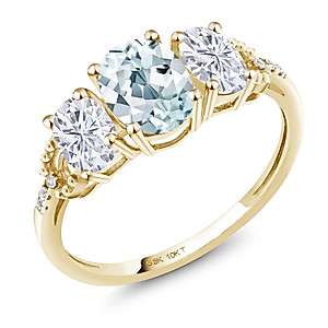 Gem Stone King 10K Yellow Gold Sky Blue Aquamarine White Moissanite and Diamond Accent 3-Stone Women Engagement Ring (1.77 Cttw, Available In Size 5, 6, 7, 8, 9)