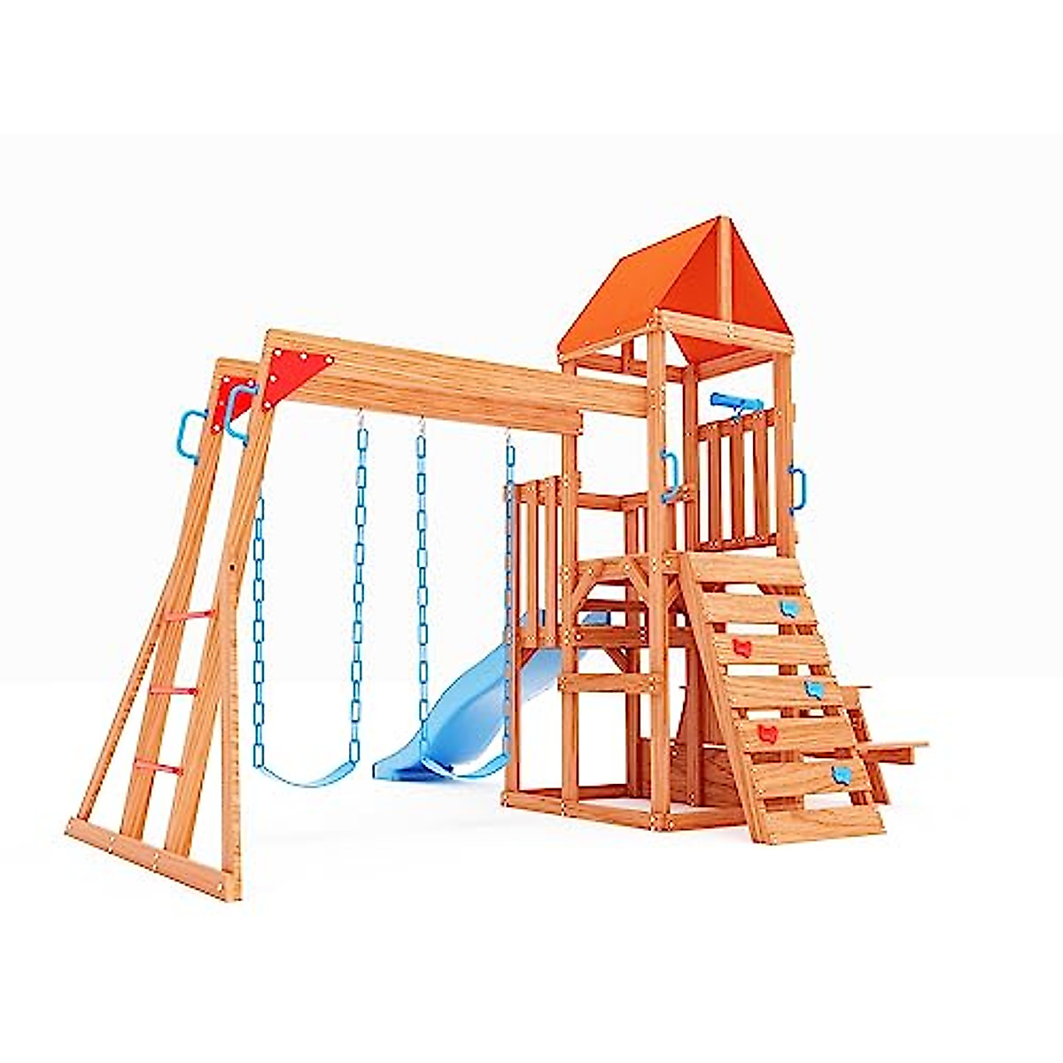 Dolphin Playground Cedar Wooden Swing Sets for Backyard, Outdoor Playset for Kids with Monkey Bar, 2 in 1 Outdoor Table, Wave Slide, Climbing Wall, and 2 Belt Swings, Playground Sets for Backyards