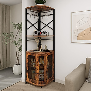 Osfvolr Bar Cabinet w/Wine Rack and Glass Holder, Corner Cabinet with Mesh Door, Corner Bar Cabinet with Adjustable Shelf, Liquor Cabinet Bar for Home, Rustic Brown