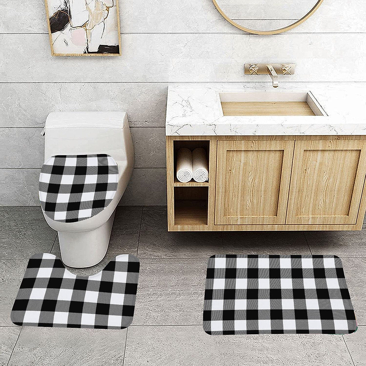 Royalours Plaid Bath Mat Vintage White Black Gingham Checkered Tartan Buffalo Check Bathroom Mat Set 3 Pieces Rug Toilet Seat Lid Cover Non Slip Mat Anti-Skid Pad