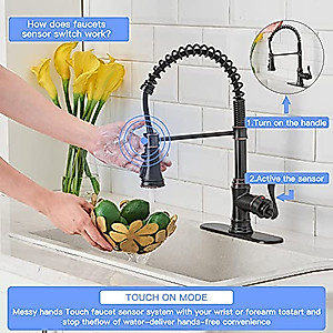 Evolvegoods Touch Kitchen Faucet with Pull Down Sprayer 3 Modes Oil Rubbed Bronze Spring Commercial Single Handle One Hole High Arc Goose Neck Touch Activated Faucet for Kitchen Sink Solid Brass