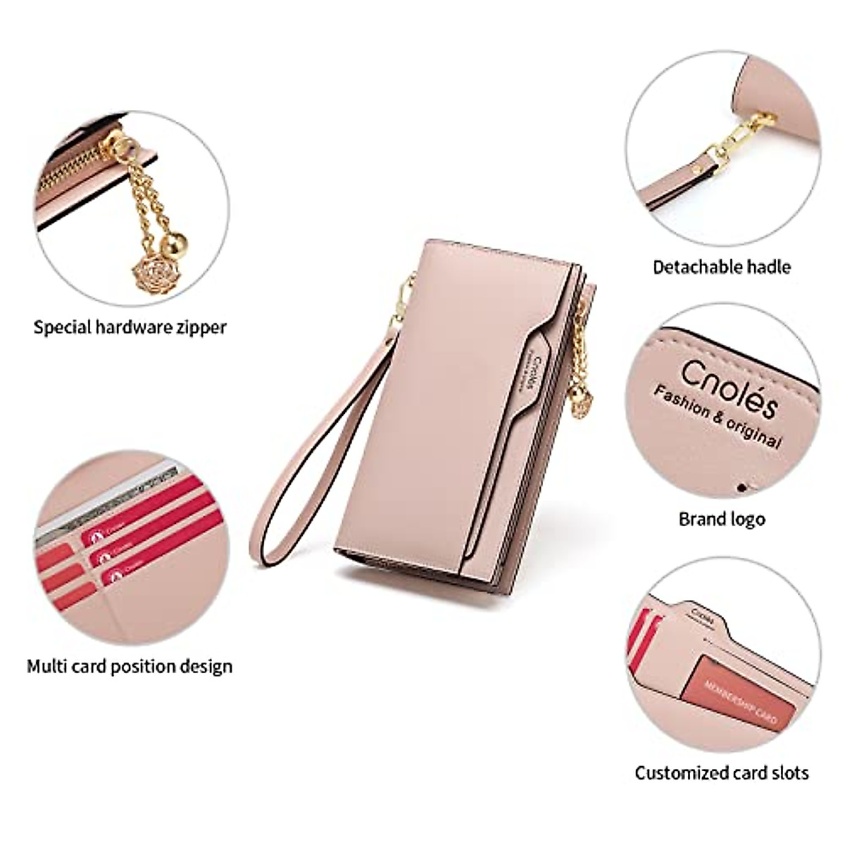 Cnoles Genuine Leather Wallet for Women Large Capacity Wristlet Bifold Ladies Purse Multi Card Organizer Pink