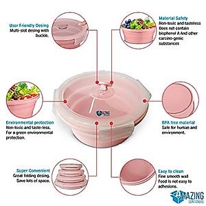 Silicone Collapsible Food Storage Container with Airtight Lid and Air Vent-4 Pack Foldable Meal Prep Round Lunch Box for Kitchen,Stackable & space saving,Microwave,Dishwasher and Freezer Safe (Pink)