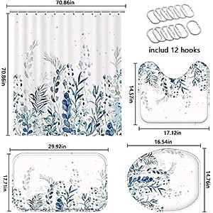 Leopinky 4pcs Shower Curtain Set, Plant Bathroom Sets with Shower Curtain and Rugs, Botanical Nature Leaf Bath Curtain Set with 12 Hooks for Bathroom (71" X 71", Blue)