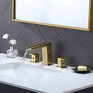 Ufaucet Modern Commercial 2 Handle 3 Hole Widespread Brushed Gold Waterfall Bathroom Faucet,8 inch Bathroom Vanity Sink Faucet with Hoses and Pop Up Drain