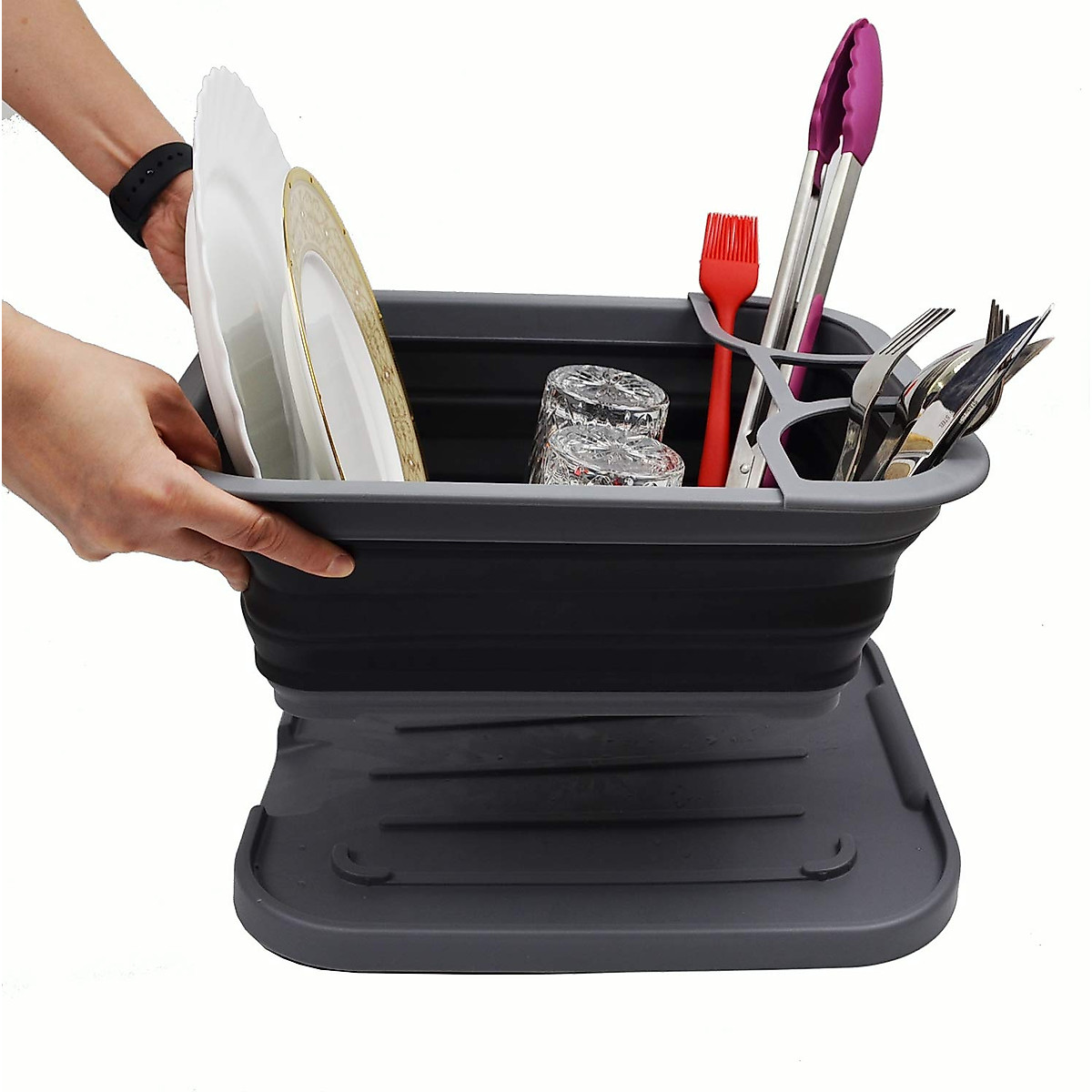 SAMMART Collapsible Dish Drainer with Tray - Foldable Drying Rack Set - Portable Dinnerware Organizer - Space Saving Kitchen Storage Tray (1, Grey/Black)