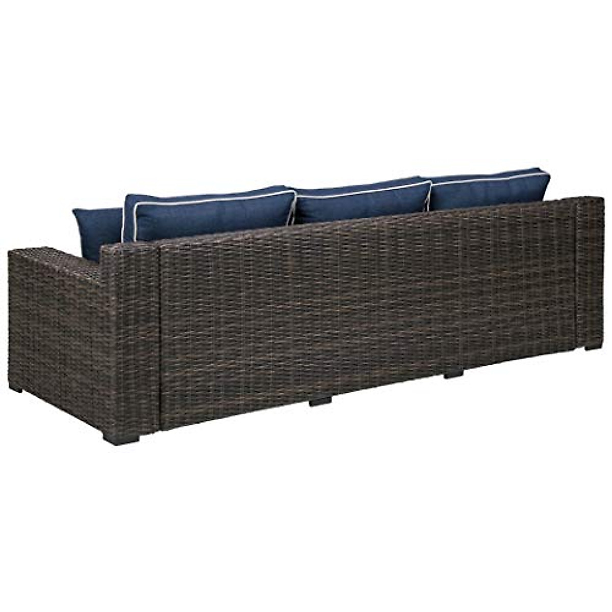 Signature Design by Ashley Grasson Lane Outdoor Patio Wicker Sofa with Cushion and 2 Pillows, Brown & Blue