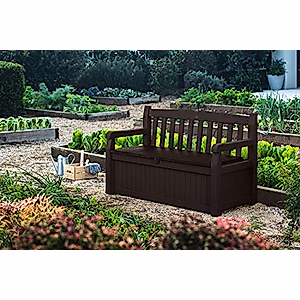 Keter Solana 70 Gallon Storage Bench Deck Box for Patio Furniture, Front Porch Decor and Outdoor Seating – Perfect to Store Garden Tools and Pool Toys, Brown