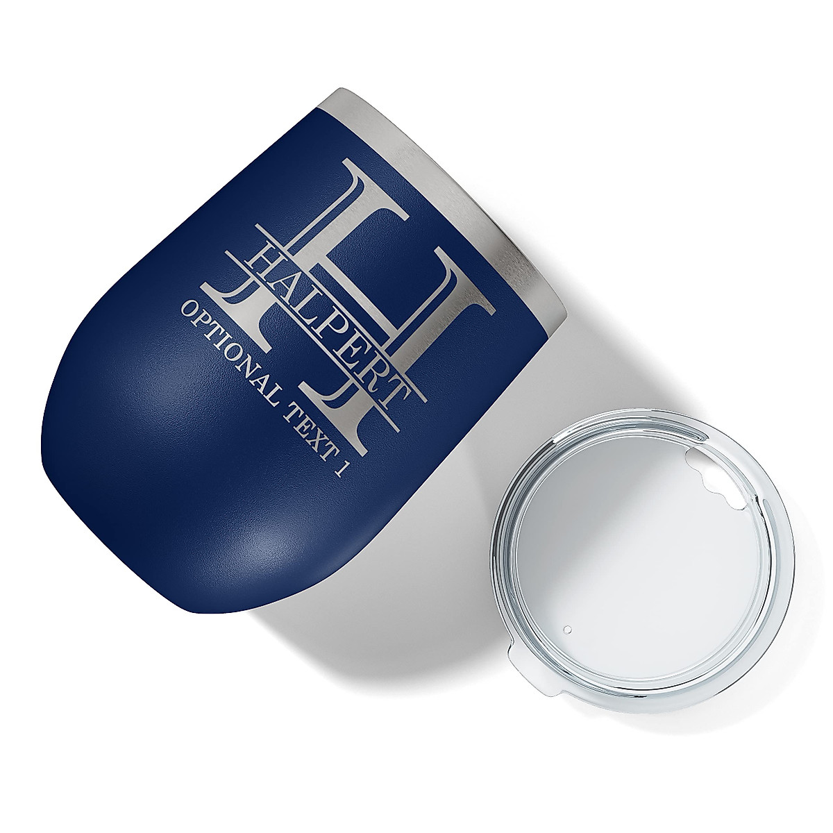 Personalized 12oz (17 Colors) Powder Coated Stainless Steel Stemless Wine Tumbler with Lid, Custom Etched, Customized Wine Gift for Women Her, Wine Lover, Halpert Monogram Initial Name (Navy Blue)