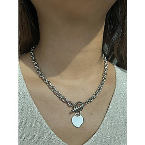 WangGao Elegent Love Stainless Steel Link Chain Blank Heart Charms Necklace for Women Toggle Clasp Closure,Silver…