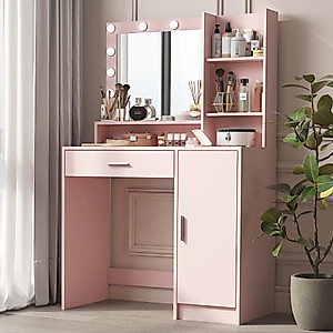 Vanity Desk with Mirror & Light, Large Drawer & Three Level Storage Dresser, 3 Lighting Modes Adjustable Brightness, Bedroom Dressing Table (Pink)