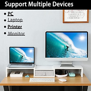 TEAMIX White Dual Monitor Stand Riser with Drawer - Length and Angle Adjustable Double Corner Desk Shelf Organizer 37 inch Long for 2 Laptop/PC/Screen/TV