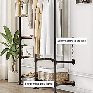 HEONITURE Industrial Pipe Clothing Rack with Shelves, Wall Mounted Garment Rack, Heavy Duty Choset Clothes Rack for Indoor Bedroom and as walk-in Closet System(Black)