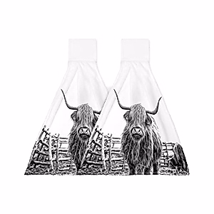 Farmhouse Yak Kitchen Towels with Hanging Loop 2 Pack, Absorbent Hand Towels for Bathroom, Grey Funny Cute Farm Animals Rustic Hand Kitchen Towel Tea Bar Dish Cloths Tie Towel 18"x14"