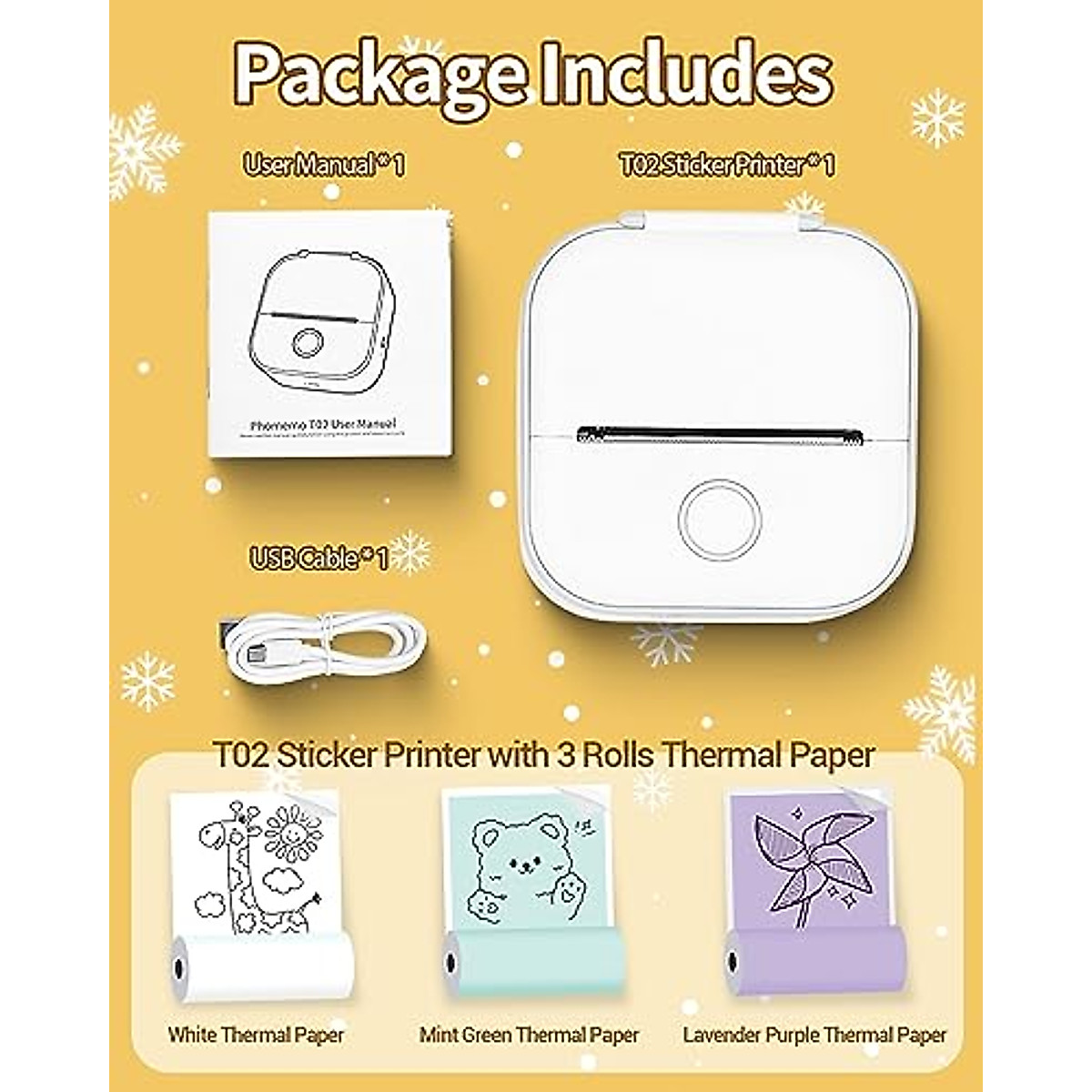 Memoqueen Mini Sticker Printer with 3 Rolls Paper T02 Mini Portable Thermal Printer,Sticker Maker Machine for Study, Brithday Gift, Journal, Work, Children DIY, Compatible with Phone & Tablet, White