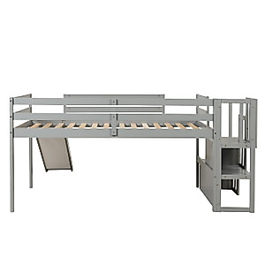 Harper & Bright Designs Twin Loft Bed with Slide and Stairs, Solid Wood Kids Loft Bed with Full-Length Safety Guardrails, for Girls Boys – Gray