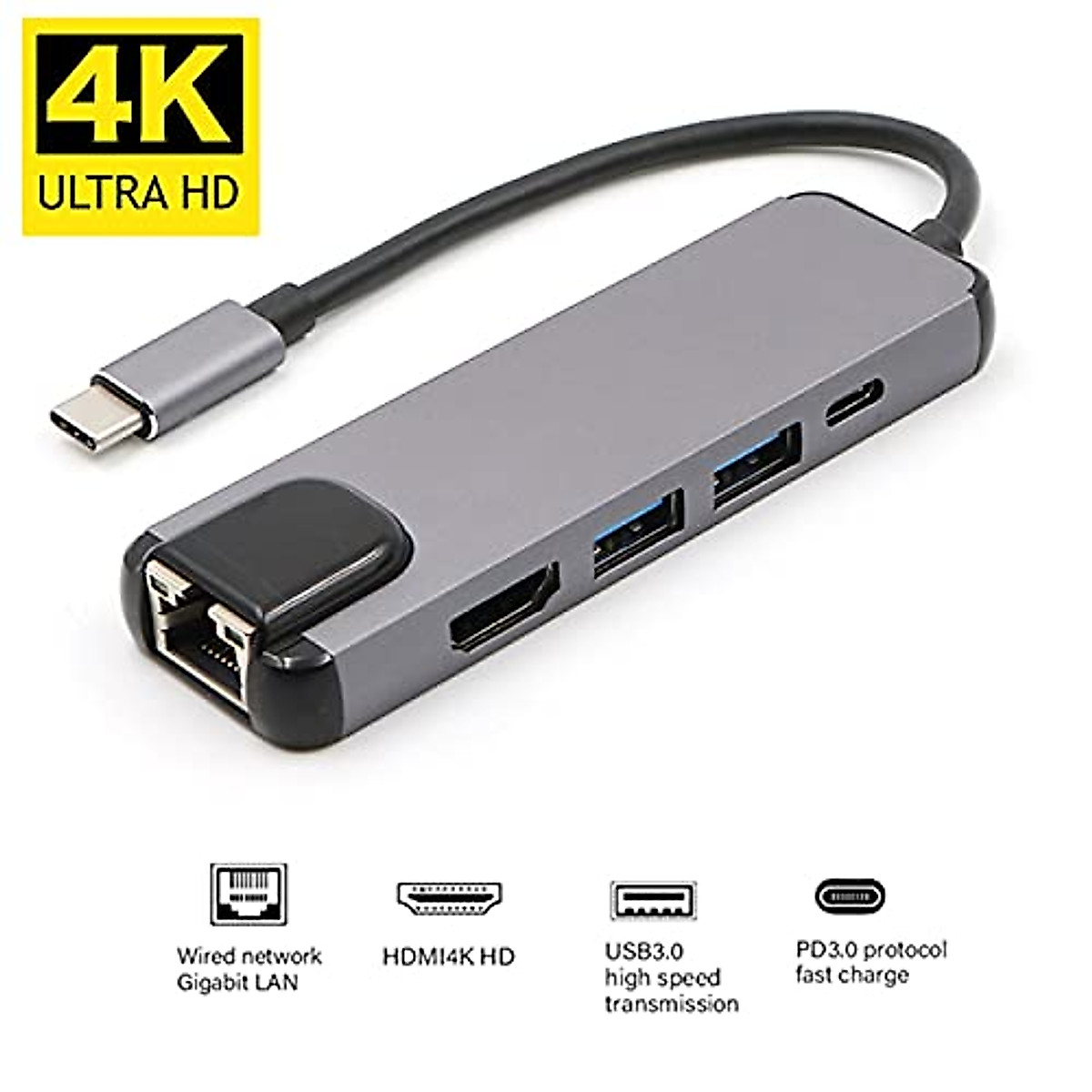 Leya-US Spare Part USB-C/Type-C to HD 4K HDMI + RJ45 + USB 3.0 + USB 2.0 + PD 5 in 1 HUB Converter