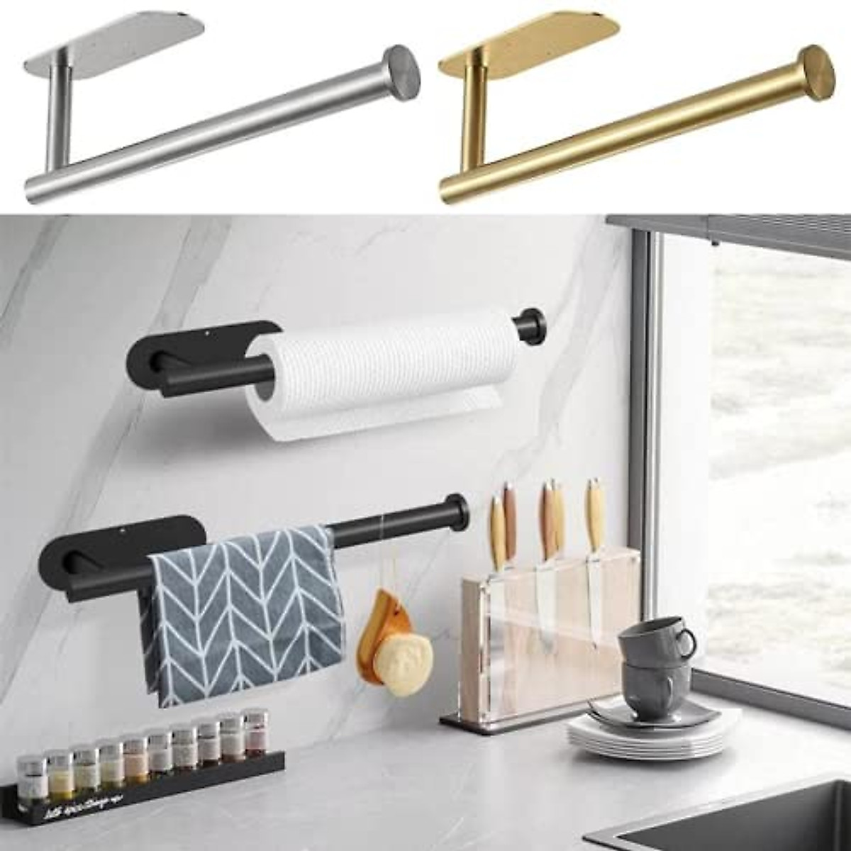 Adhesive Paper Towel Holder-Under Cabinet Paper Towels Rolls-Self-Adhesive or Drilling Wall Mounted Paper Towels Rolls Holder. Self-Adhesive Holder–Installing with Adhesive or Screws (Gold)