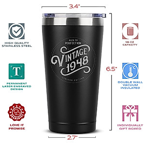 75th Birthday Gifts for Men - 1948 Vintage 16 oz Stainless Steel Black Coffee Tumbler