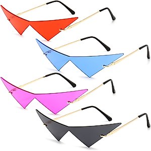 4 Pairs Triangle Sunglasses Frameless Space Eye Sunglasses Rimless Pointy Glasses Men Party Prom Sunglasses for Women and Men (Red, Blue, Gray, Purple)