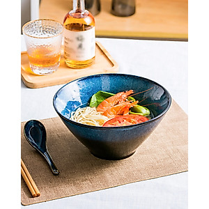 Large Salad Soup Ramen Serving Bowls, 71 OZ Ceramic Japanese Ramen Noodle Bowl with Chopsticks, Spoons and Rests - Super Big Bowl Sets for Udon, Pho, Pasta, Cereal, Set of 2 - Reactive Blue