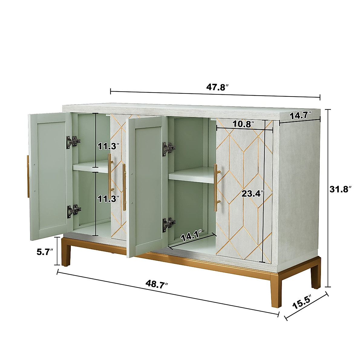 HLR 48" Accent Cabinet with 4 Doors and Shelves, Modern Credenza Storage Cabinet with Gold Trim, Green Buffet Cabinet for Living Room, Kitchen, Dining Room, Hallway