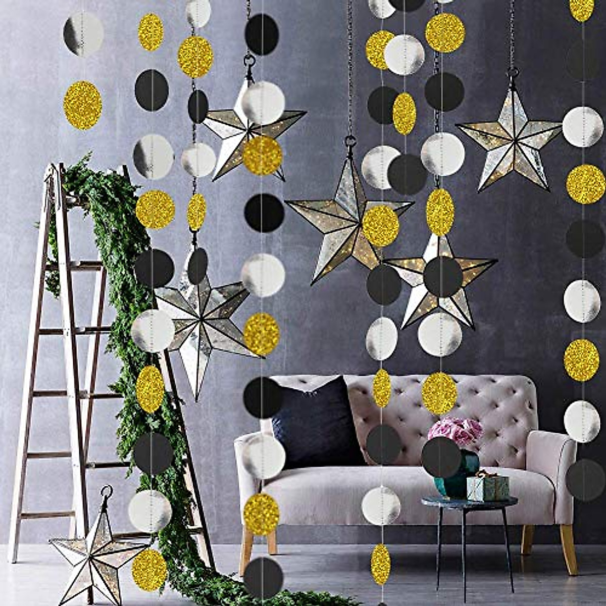 Decor365 Gold Back Circle Dots Garland Streamers Party Decorations Glitter Black Hanging Streamer Banner Backdrop Decoration for Birthday/Wedding/New Year/Gruaduation