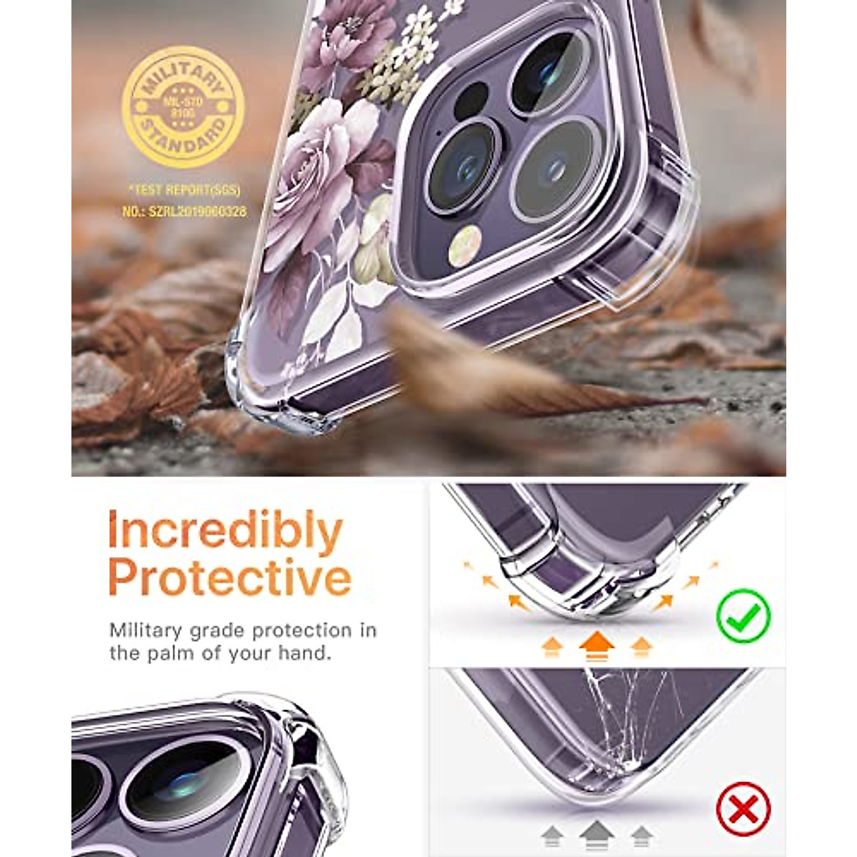 GVIEWIN Designed for iPhone 14 Pro Max Case, Screen Protector + Camera Lens Protector Flower Shockproof Clear Floral Design Protective Women Phone Cover, 6.7 Inch 2022 (Cherry Blossoms/Purple)