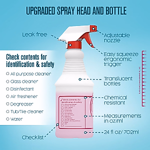 Spray Bottles, Empty Sprayer Bottle, Heavy Duty Cleaning Nozzle, 24oz, 3 Pack, Plastic, Industrial, Professional, Refillable, for Water, Alcohol, Bleach, Detailing, All Purpose Cleaner, Houseables