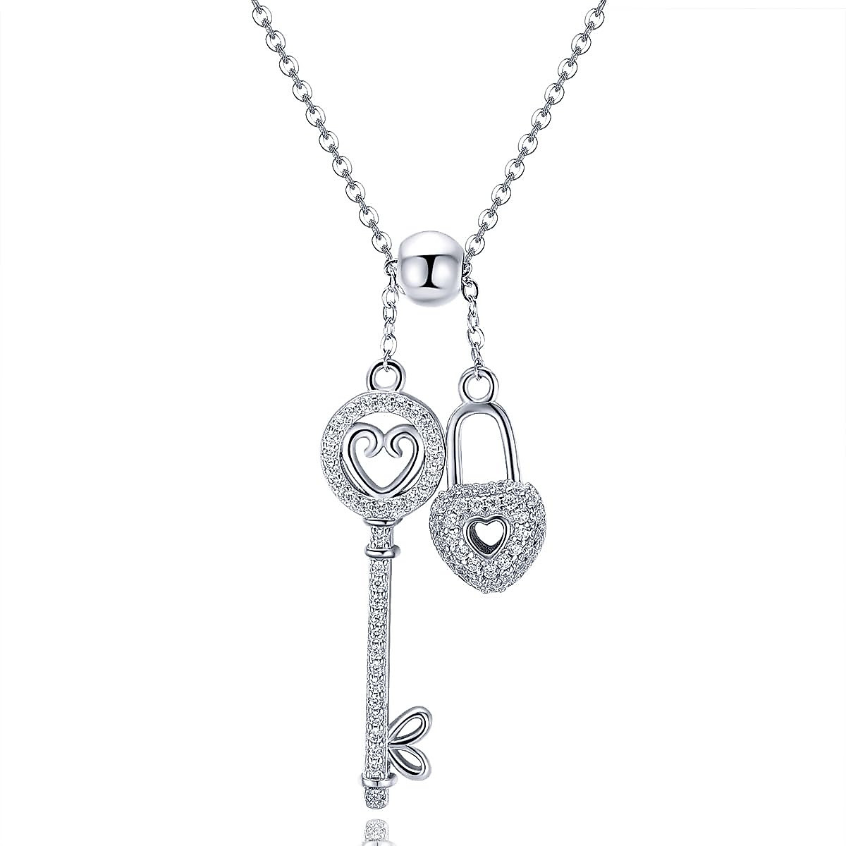BISAER Heart Lock and Key Pendant Necklace 925 Sterling Silver Cubic Zirconia Charm Necklace Adjustable Necklaces for Women Girls